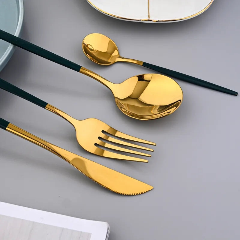 24 Pcs Premium Stainless Steel Dining Cutlery Set Golden Black– arzaan.pk