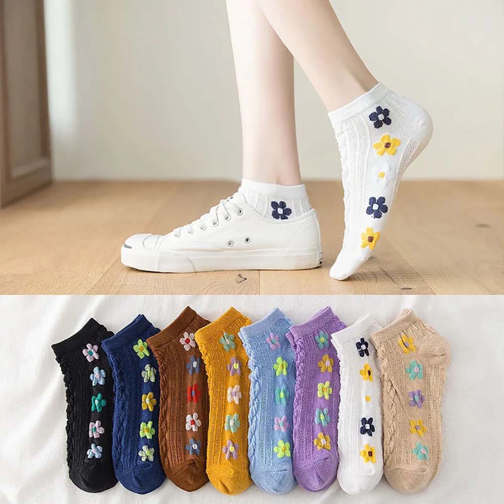 5 Pairs Floral Print Short Socks, Comfy & Cute Textured Low Cut Ankle ...