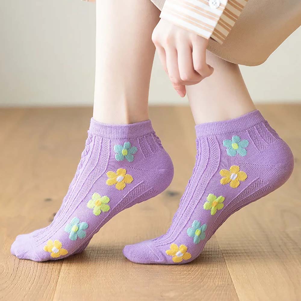 5 Pairs Floral Print Short Socks, Comfy & Cute Textured Low Cut Ankle ...